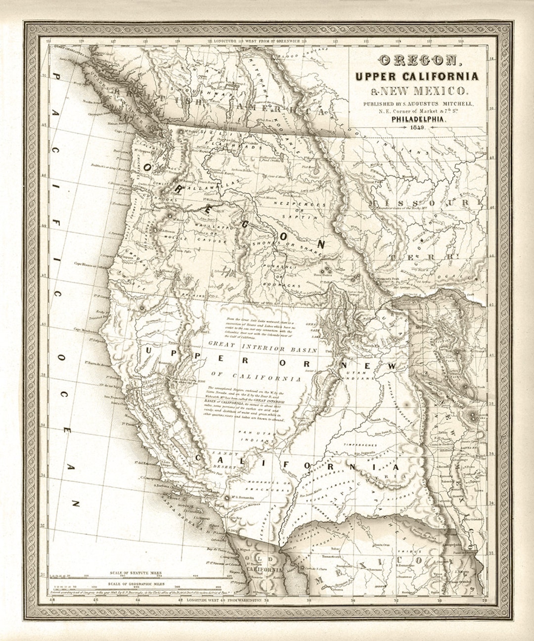 1849 Map of the West Coast - Etsy