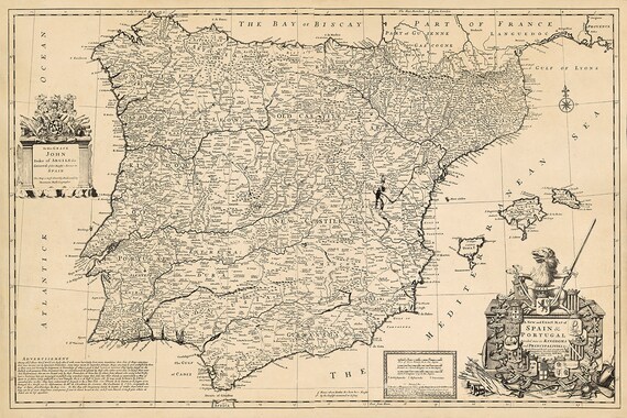 1711 Map of Spain and Portugal - Etsy
