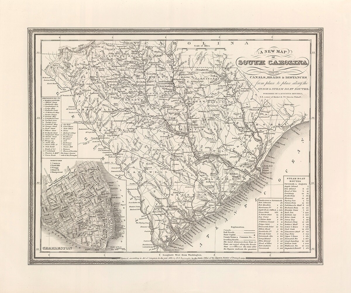 1848 Map of South Carolina - Etsy