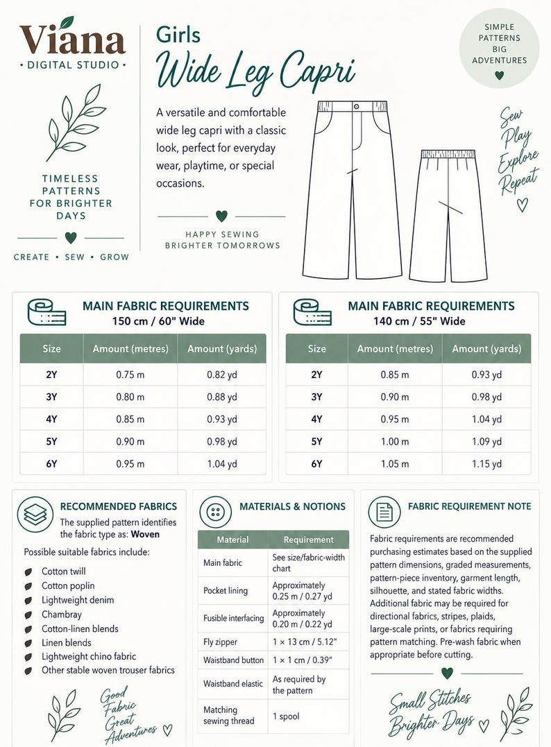Girls Capri Pants Sewing Pattern PDF | Wide Leg Capri Trousers | 2–6Y ...