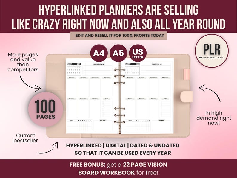 2026 Hyperlinked Weekly Daily Digital Planner Dated Undated A4 A5 US ...