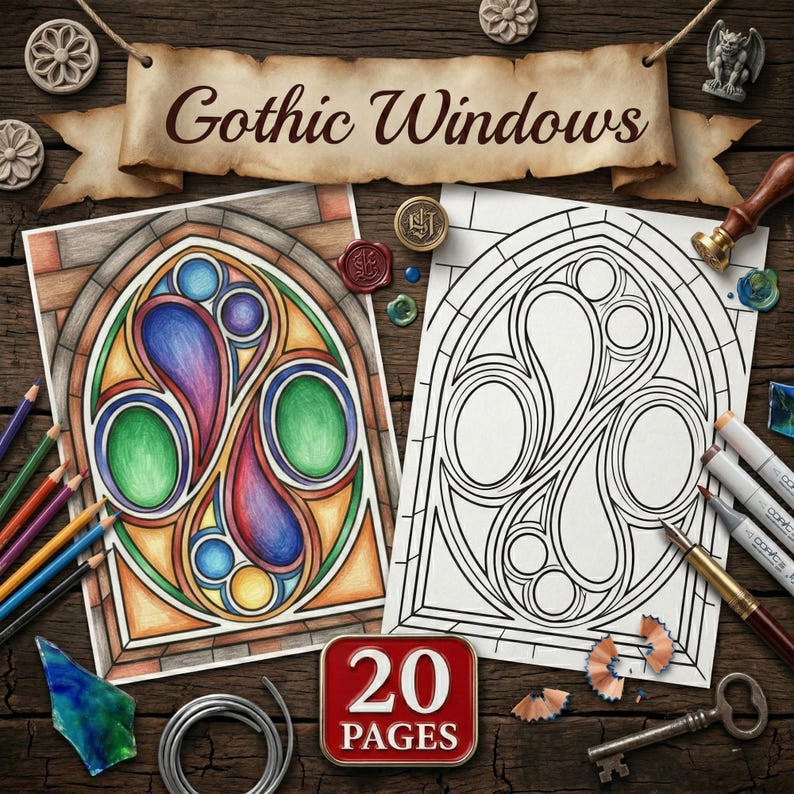 Gothic Rose Windows Coloring Pages for Adults, Digital Download, 20 ...