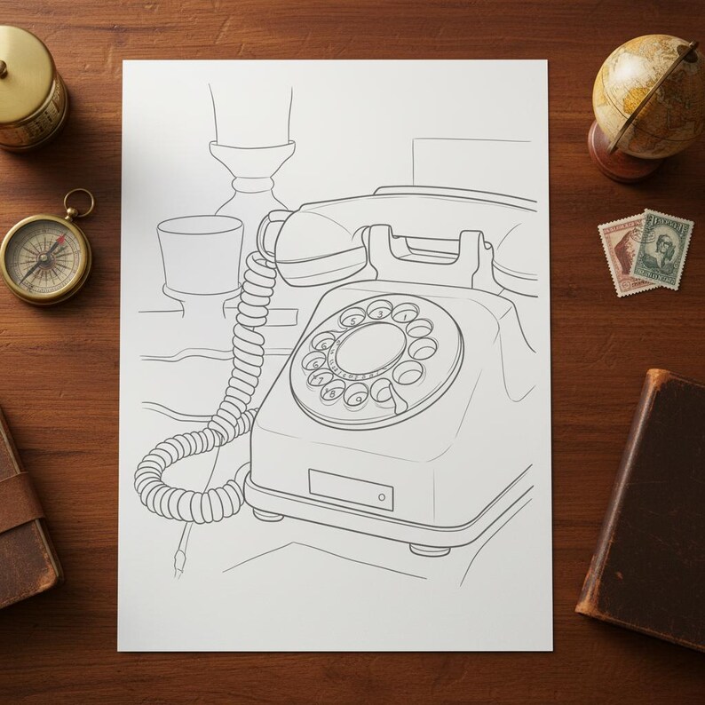 Vintage Rotary Phone Coloring Page, Detailed Nostalgic Art (PNG & PDF ...