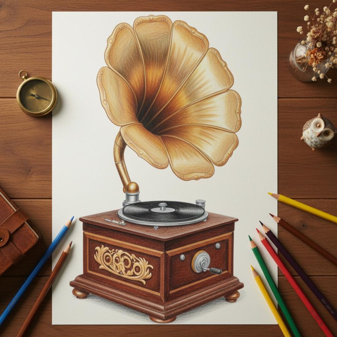Antique Gramophone Coloring Page | Ornate Vintage Phonograph (PNG and ...