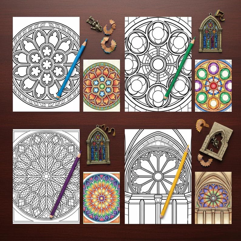 Gothic Rose Windows Coloring Pages for Adults, Digital Download, 20 ...