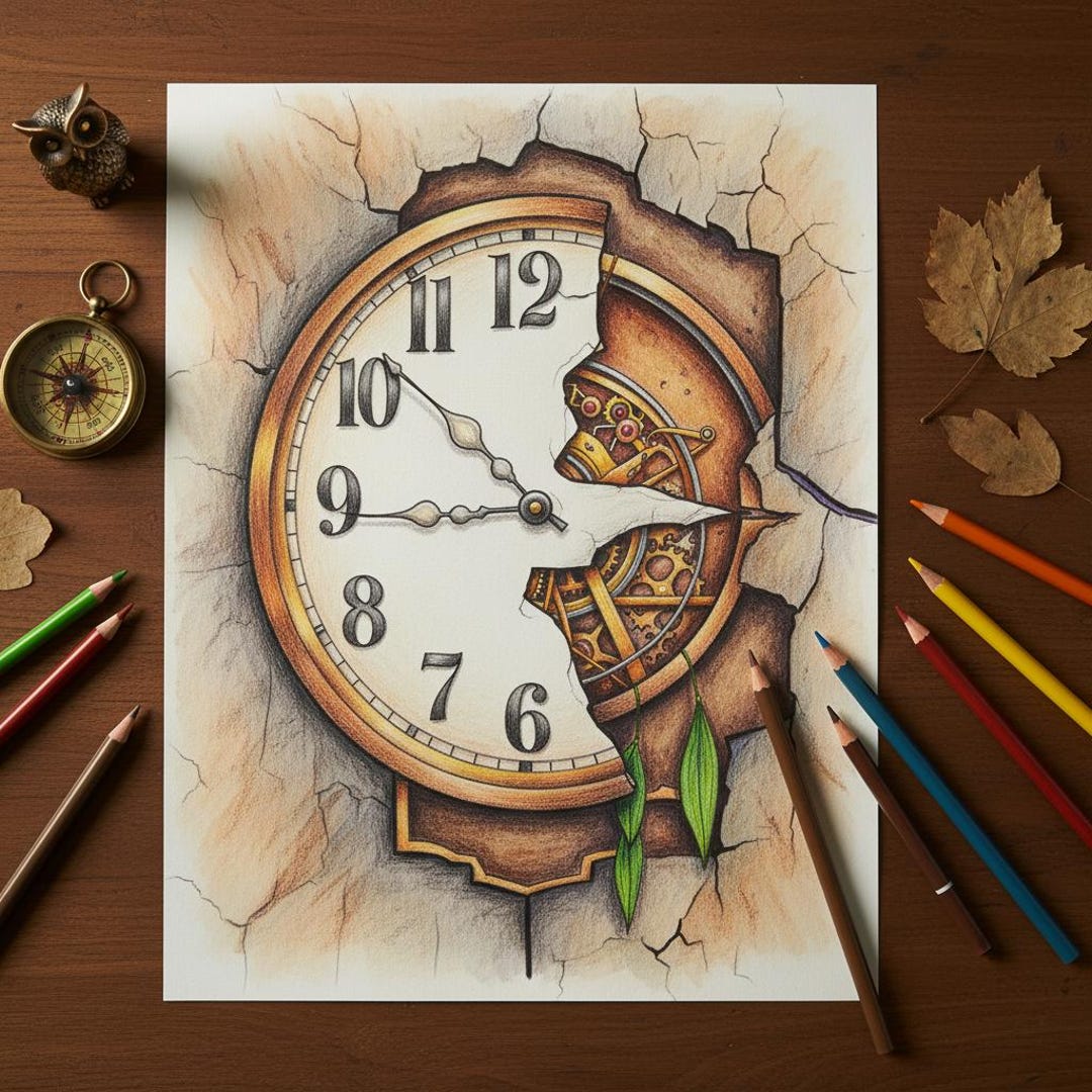 Steampunk Clock Coloring Page Vintage Gears Design Broken Time Wall Art ...