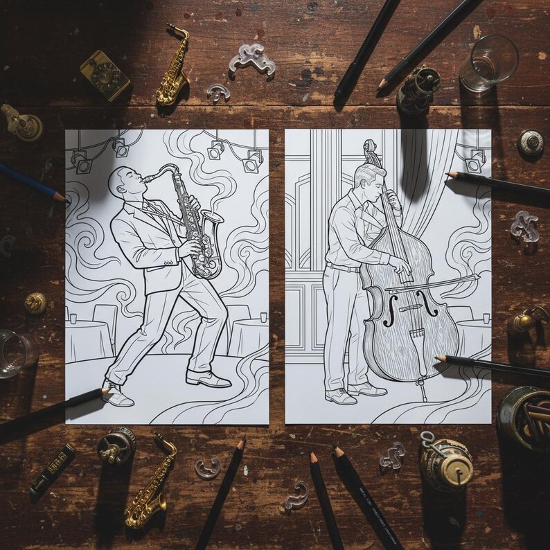 Jazz Band Coloring Pages Digital Download, Musician Silhouette Art for ...