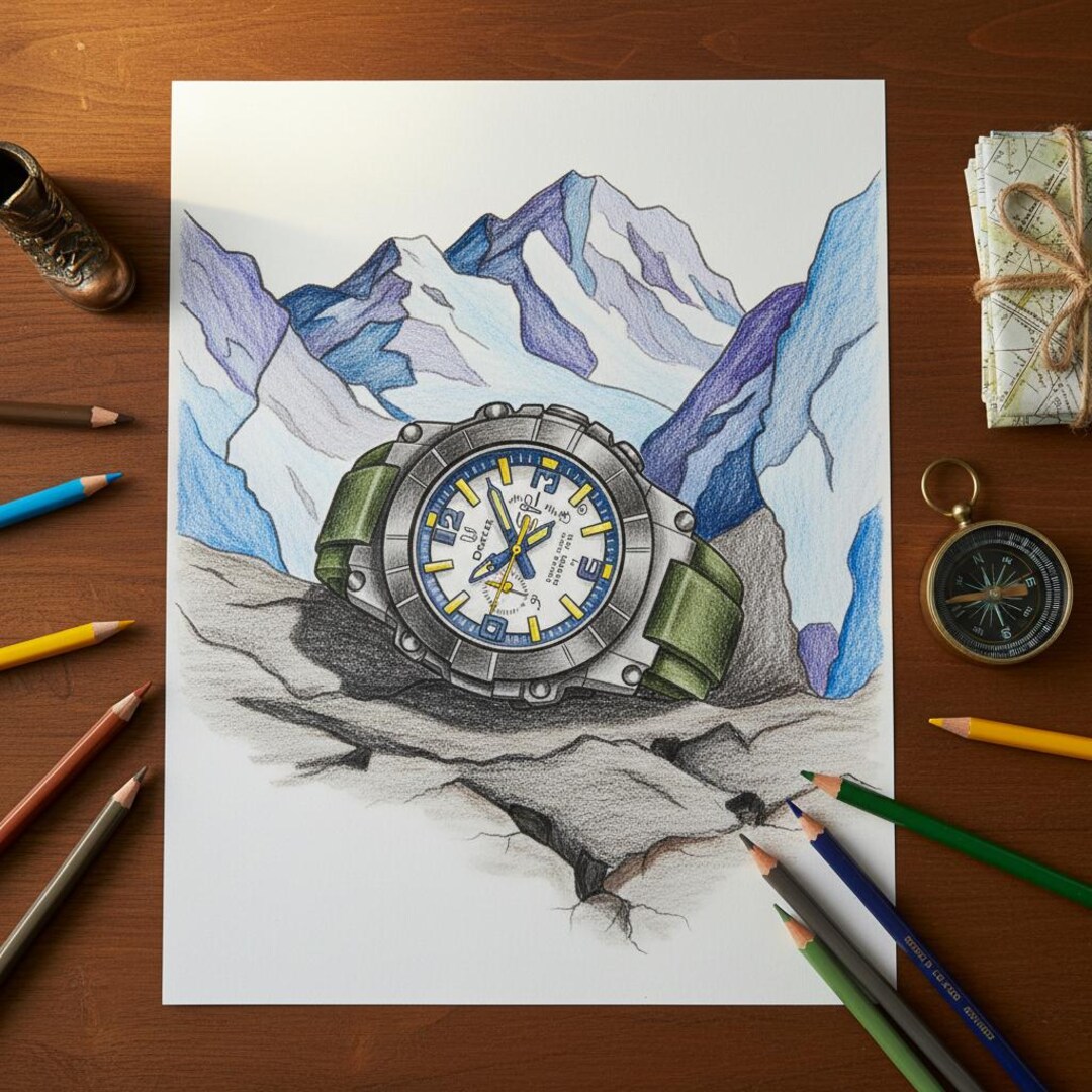 Tactical Watch Coloring Page: Mountain Adventure, Detailed Line Art ...