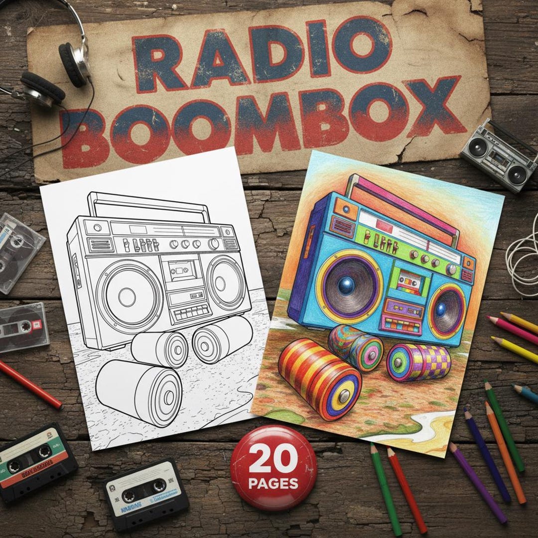 Radio Boombox, Coloring Sheets | Vintage 80s Audio Printables | Ghetto ...