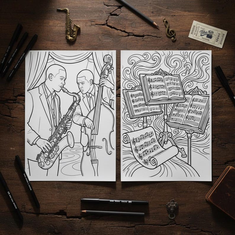 Jazz Band Coloring Pages Digital Download, Musician Silhouette Art for ...