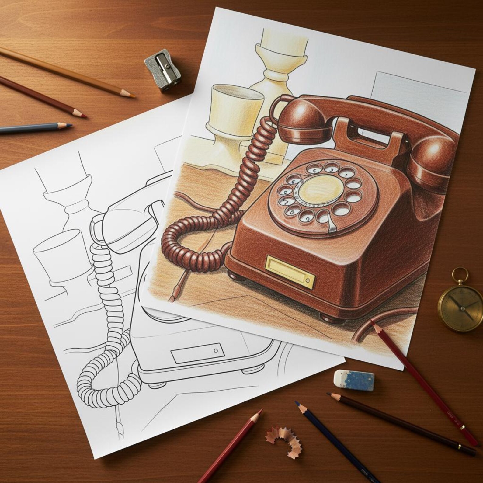 Vintage Rotary Phone Coloring Page, Detailed Nostalgic Art (PNG & PDF ...