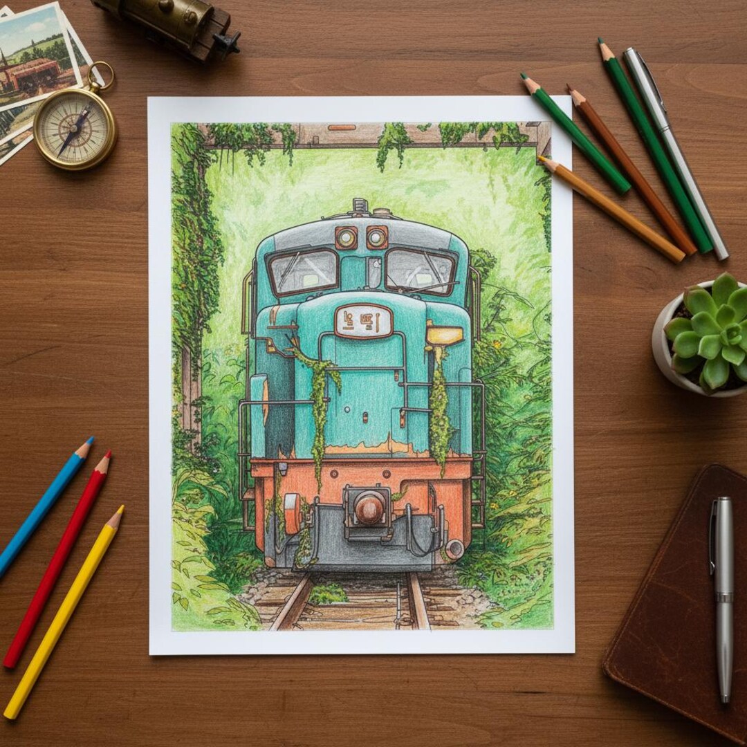 Abandoned Train Coloring Page: Overgrown Locomotive Art (PNG, PDF) - Etsy