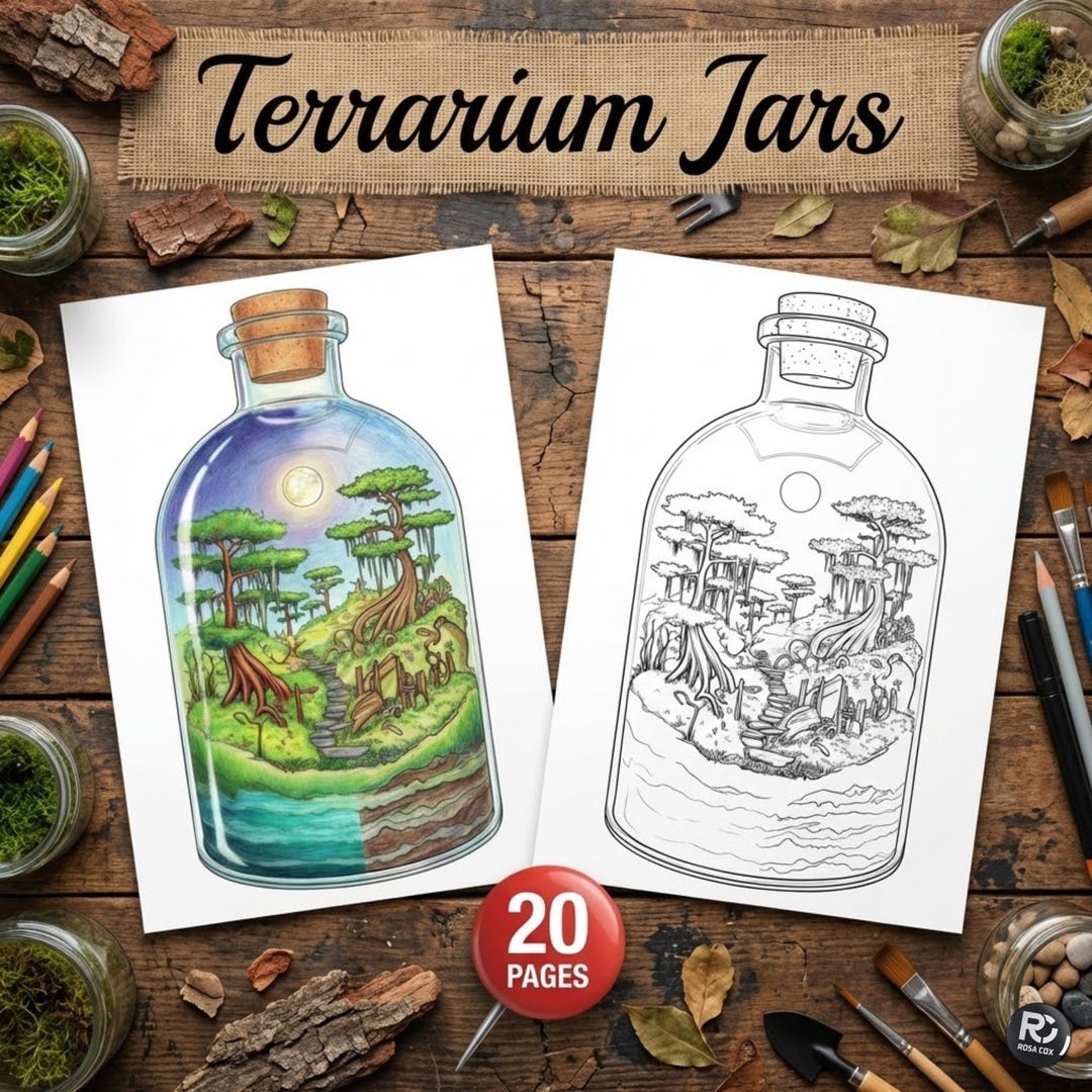Terrarium Jar World Coloring Pages - 20 Line Art PNG and PDF Set ...