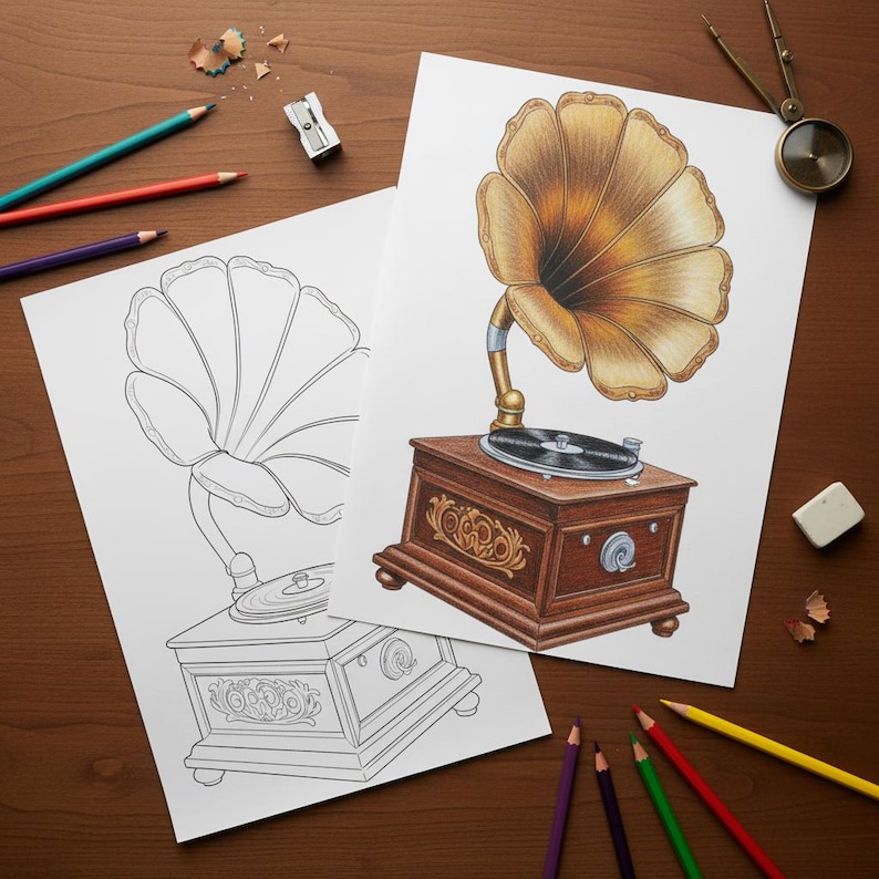 Antique Gramophone Coloring Page | Ornate Vintage Phonograph (PNG and ...