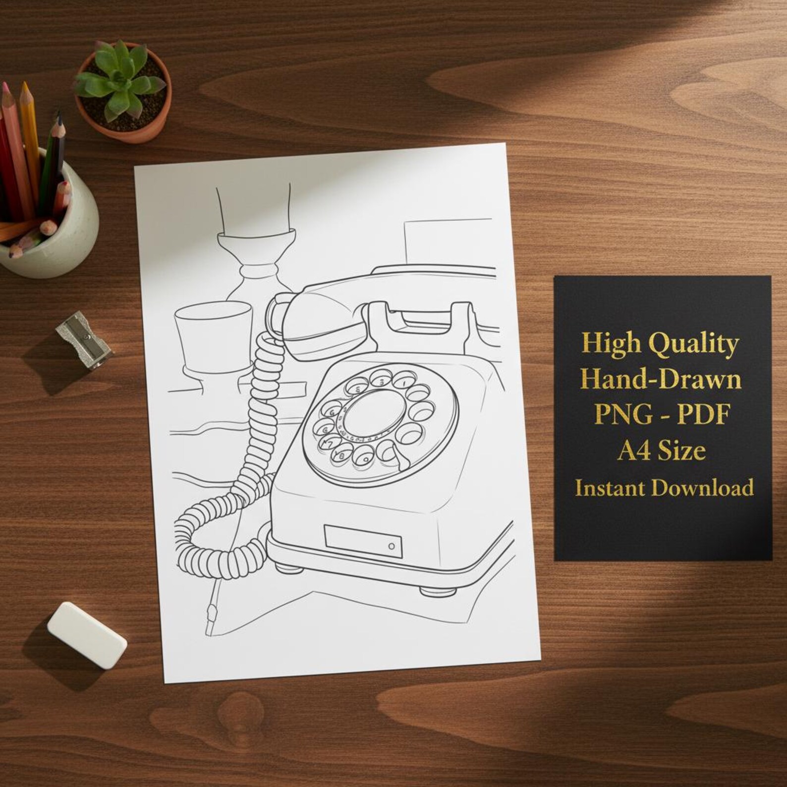 Vintage Rotary Phone Coloring Page, Detailed Nostalgic Art (PNG & PDF ...