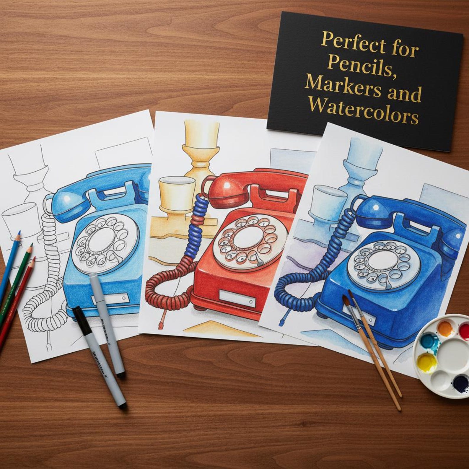 Vintage Rotary Phone Coloring Page, Detailed Nostalgic Art (PNG & PDF ...