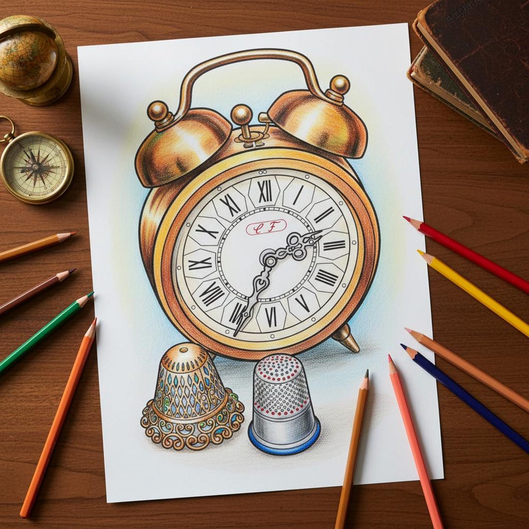 Antique Clock Steampunk Coloring Page, Thimble Art (PNG and PDF Digital ...