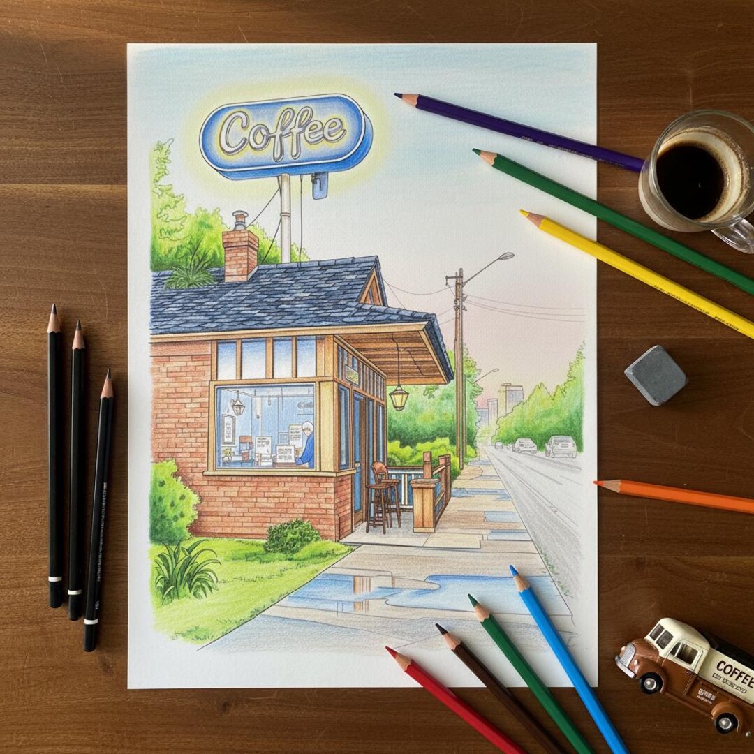 Vintage Coffee Shop Coloring Page: Retro Cafe Street Scene (digital ...