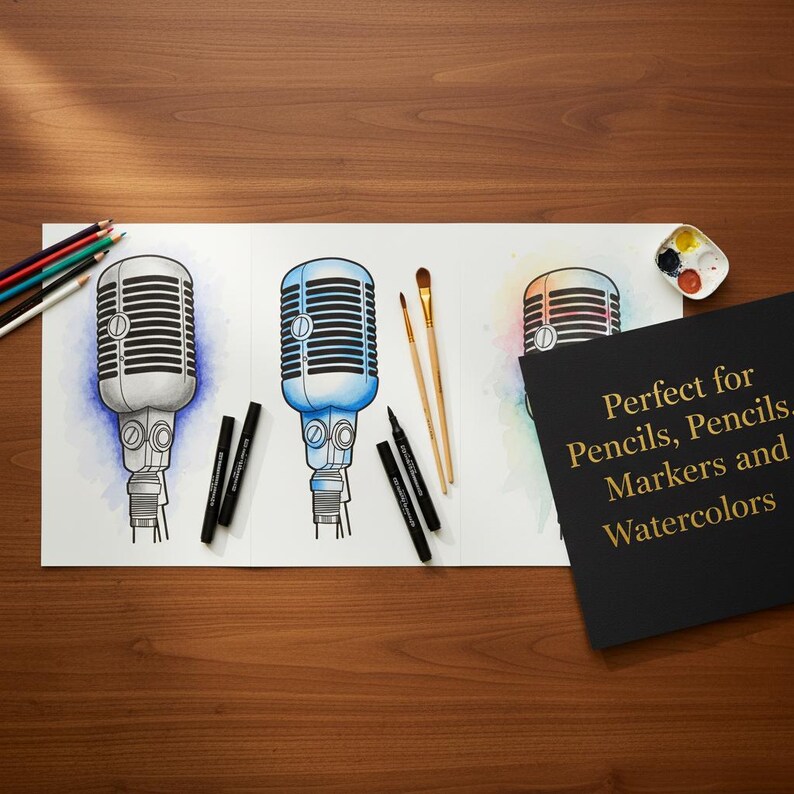 Retro Vintage Microphone Coloring Page Adult Music Relaxation Digital ...
