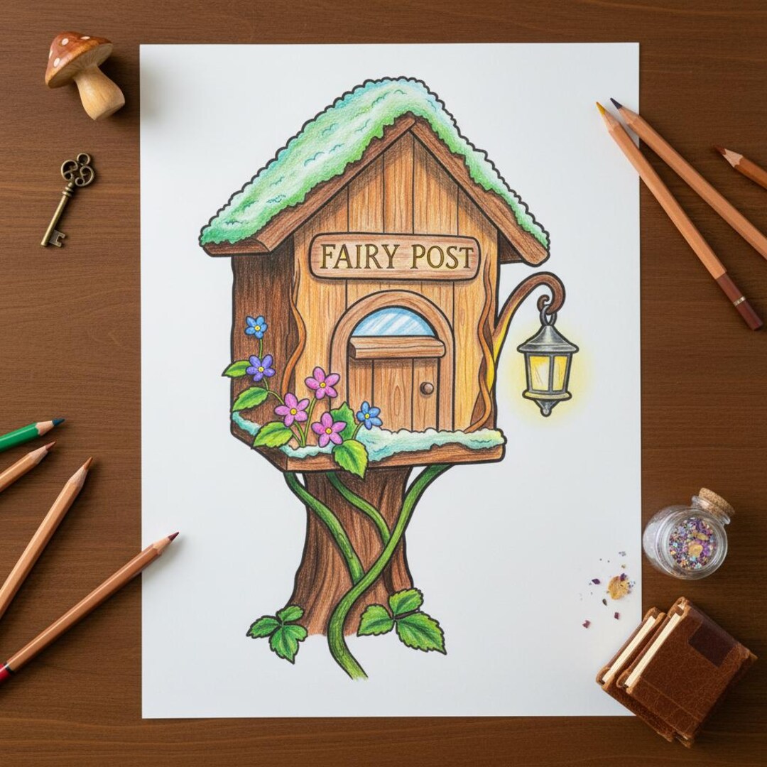 Fairy Post Box Coloring Page: Rustic Cottagecore Art (PNG, PDF) - Etsy