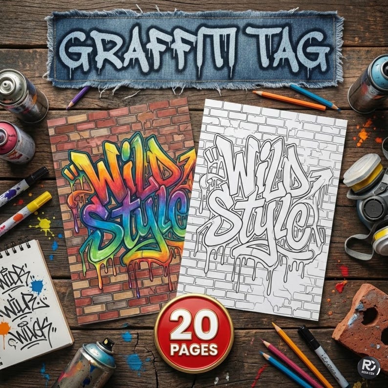 Graffiti Coloring Pages Digital Download, Street Art Tags and Wildstyle ...