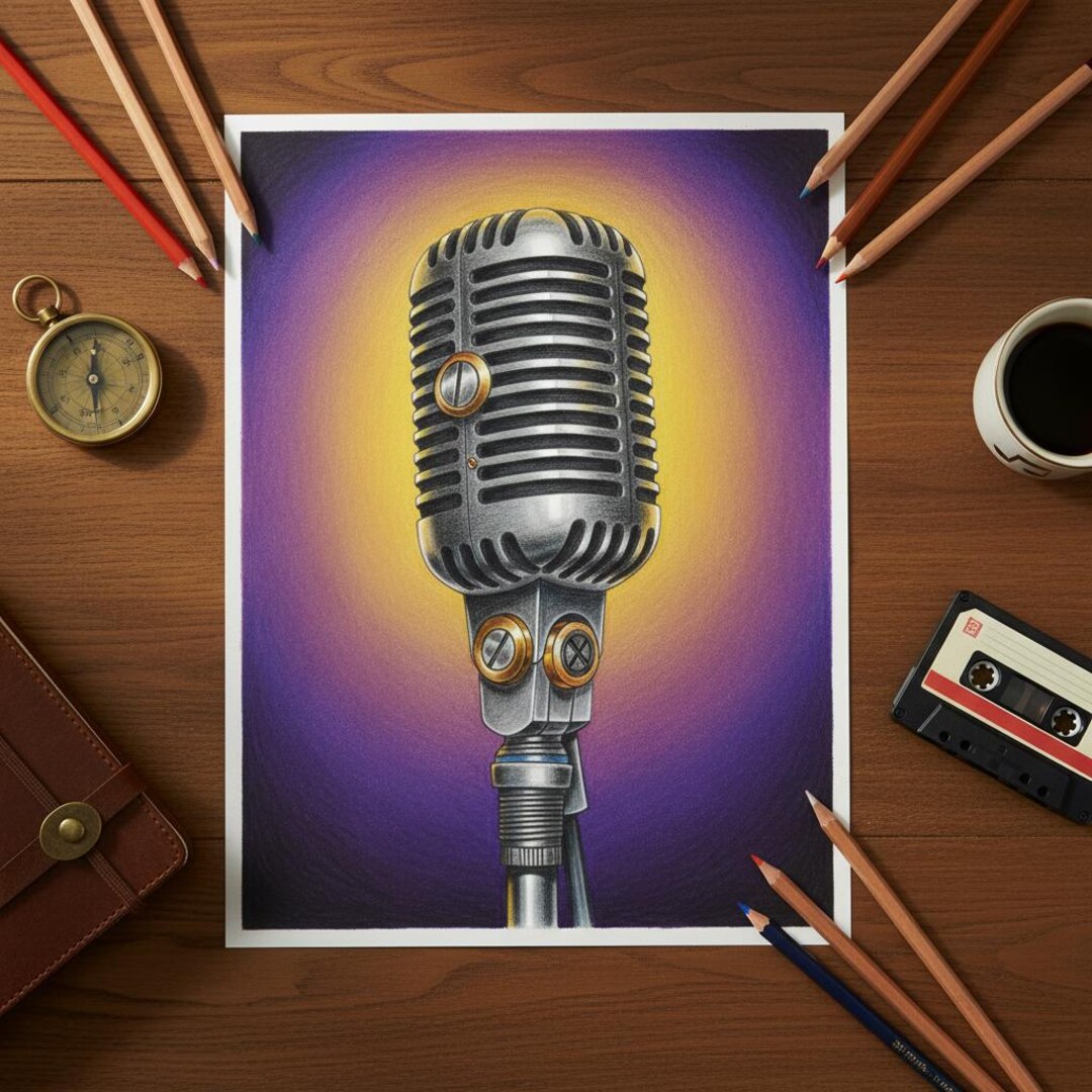 Retro Vintage Microphone Coloring Page Adult Music Relaxation Digital ...