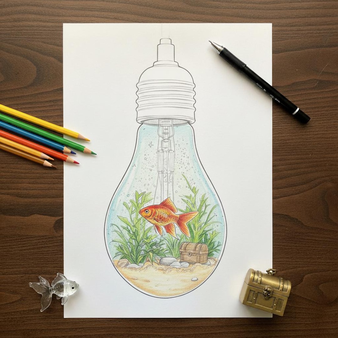 Hand Drawn Fish Light Bulb Coloring Page: Surreal Aquarium Art (digital ...