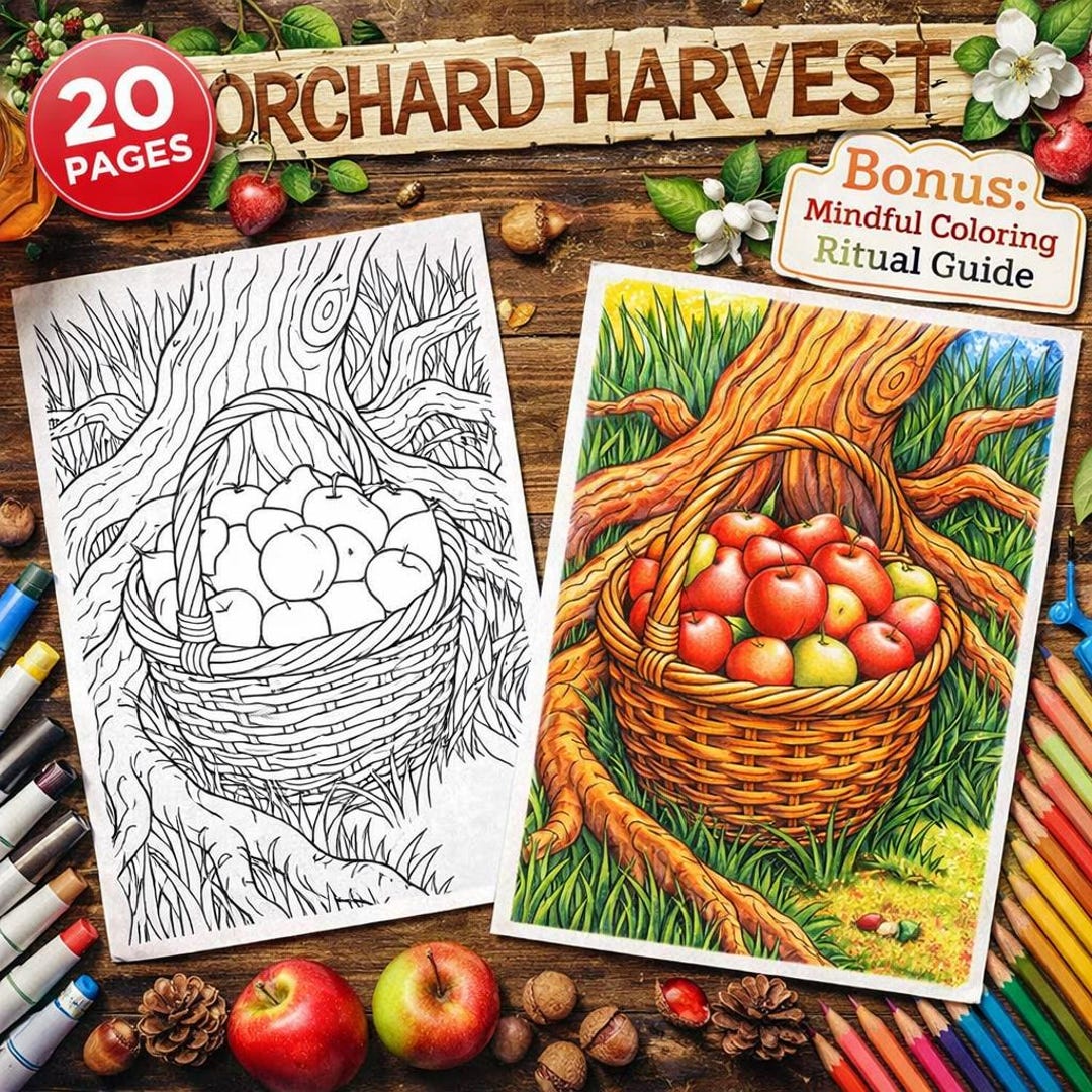 Orchard Harvest Coloring Pages for Adults, Fall Fruit Garden Printable ...
