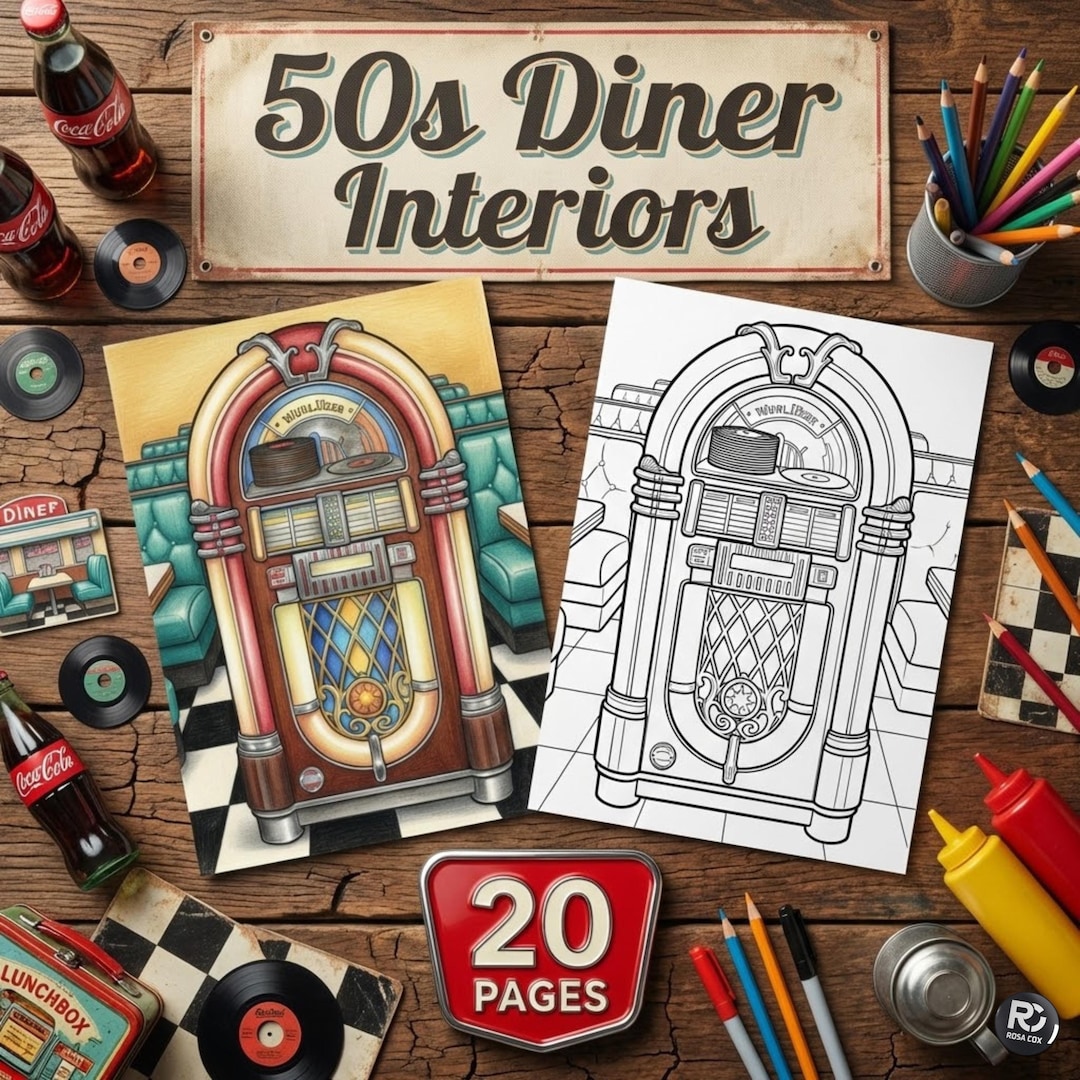 50s Diner Adult Coloring Pages | Retro Jukebox & Malt Shop Vibe ...