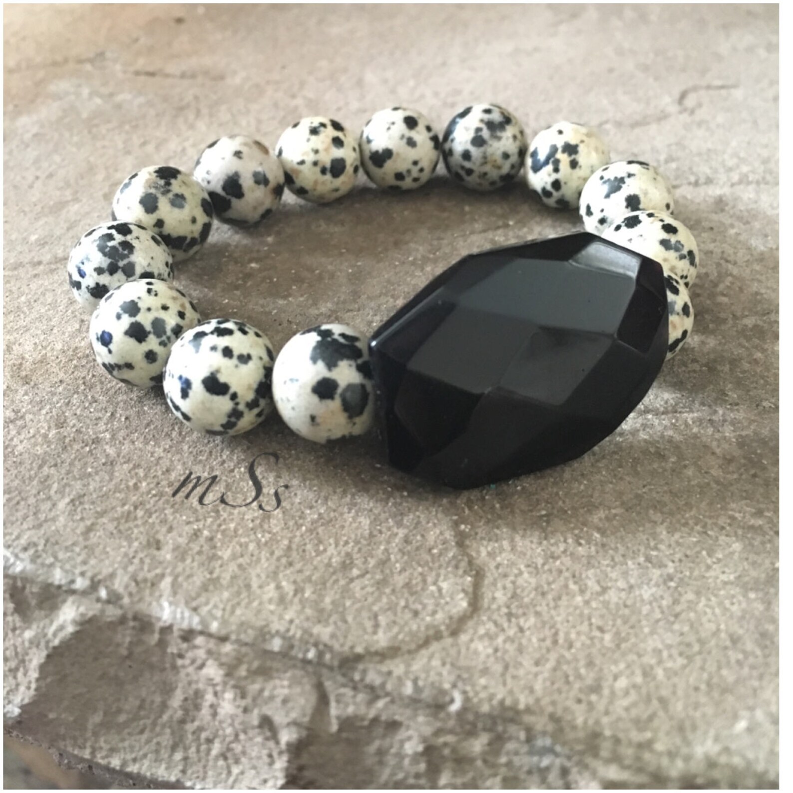 Unisex Dalmatian Jasper Bracelet With Faceted Black Gemstone - Etsy