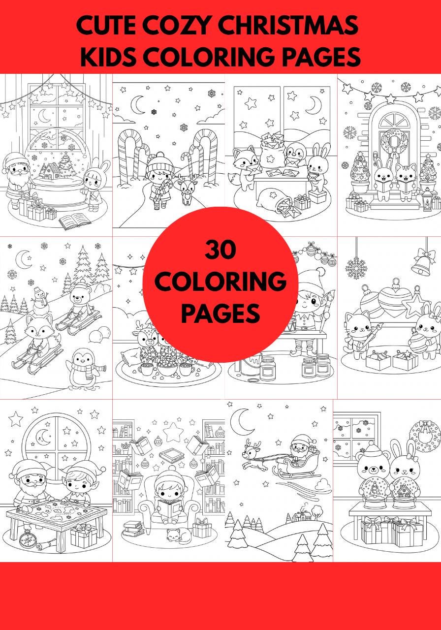 Cute Cozy Christmas Kids Coloring Book Printable | Kawaii Holiday ...