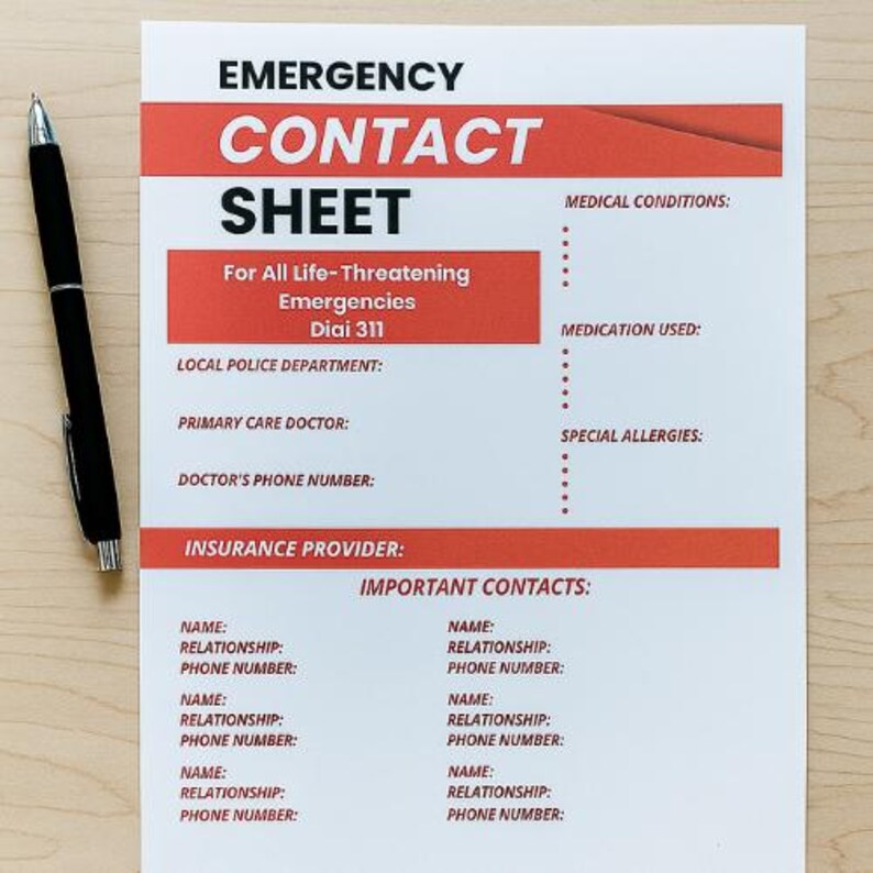 Emergency Contact Sheet Printable | Family Safety PDF Template - Etsy