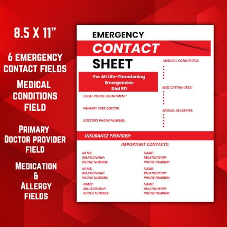 Emergency Contact Sheet Printable | Family Safety PDF Template - Etsy