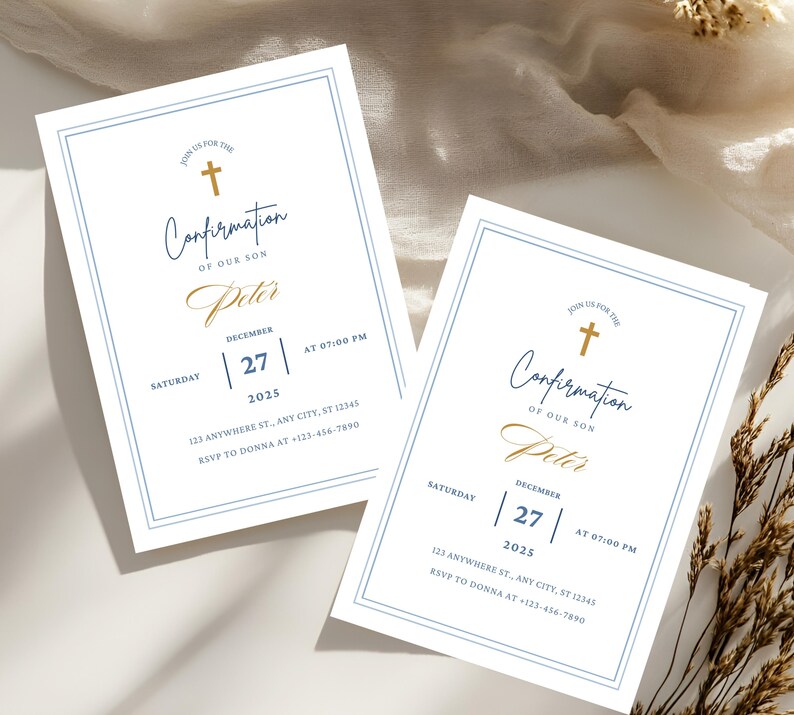 Editable Modern Blue Confirmation Invitation, Blue and Gold Cross Boy ...