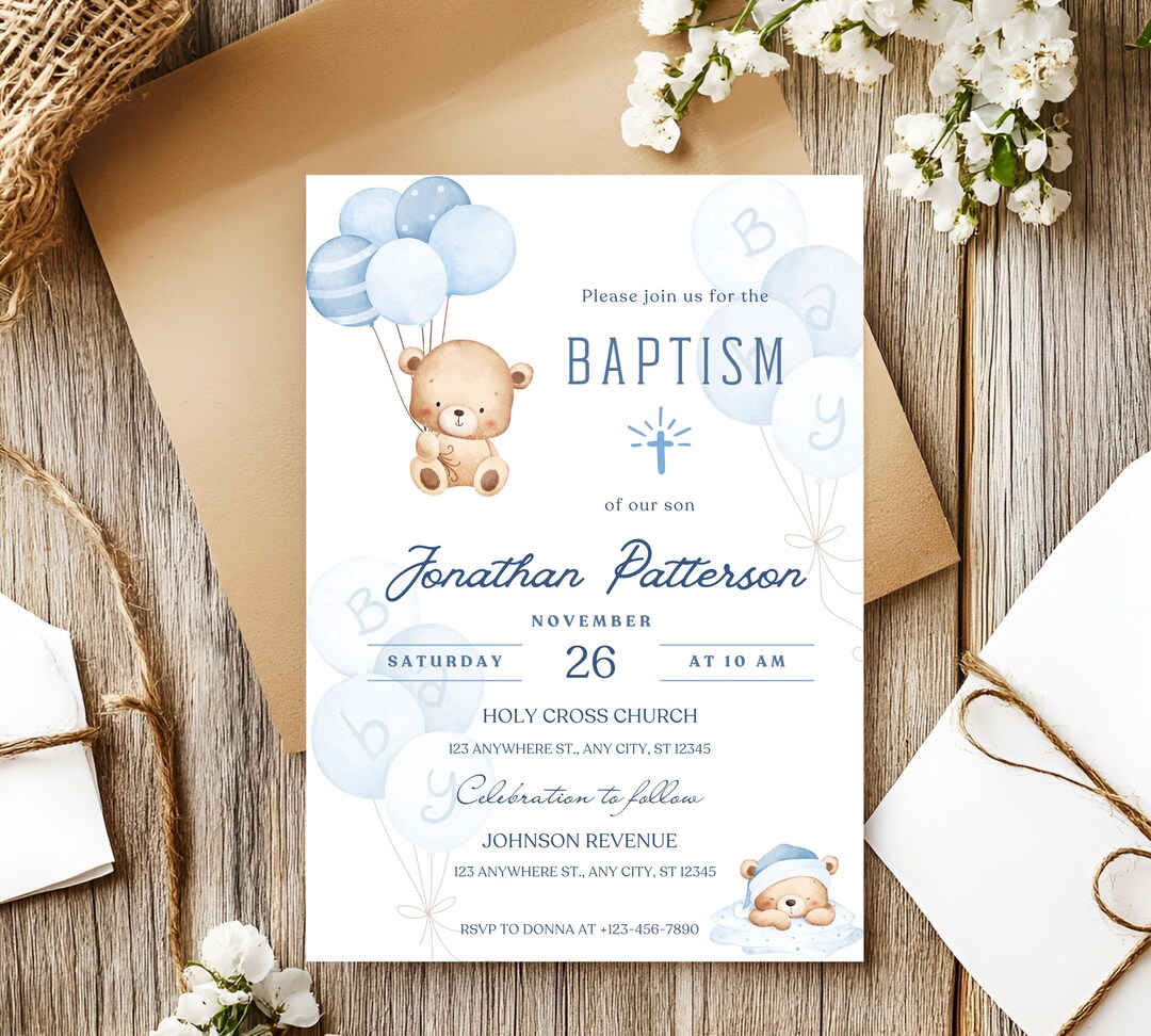 Editable Blue Teddy Bear Baptism Invitation, Blue Boy Teddy Bear ...