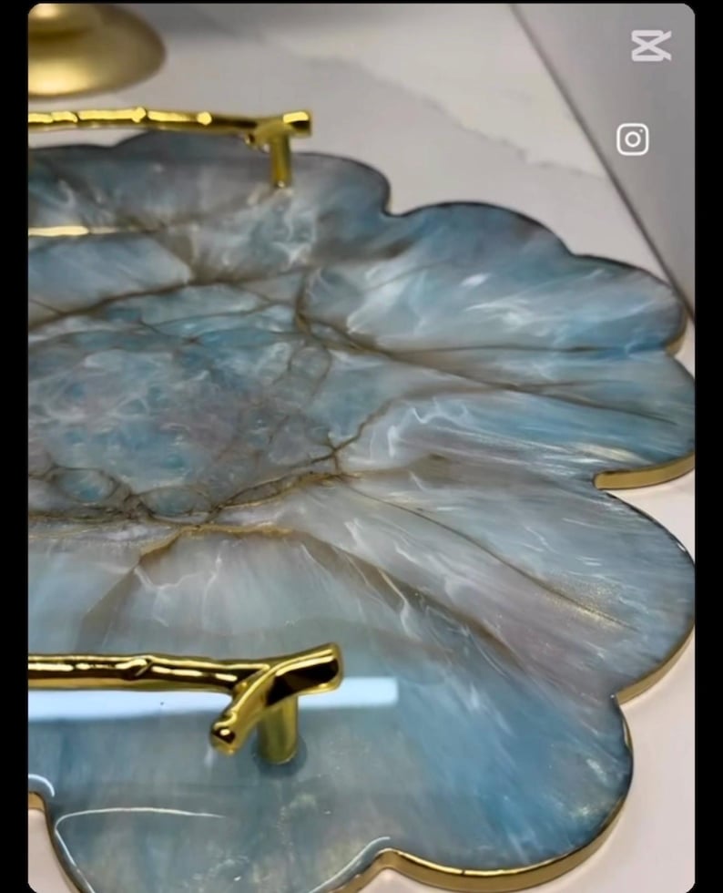 Handmade Resin Flower Tray – Blue Gold Marbled Vanity Decor, Serving ...