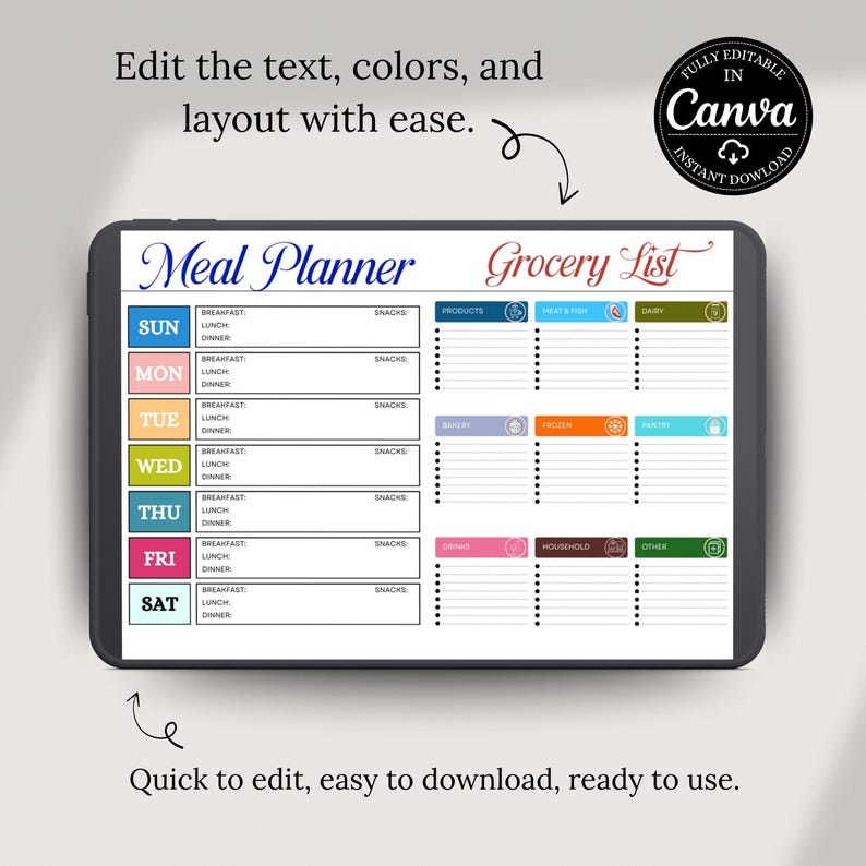 Editable Canva Meal & Grocery Planner Bundle, Weekly Meal Planner and ...