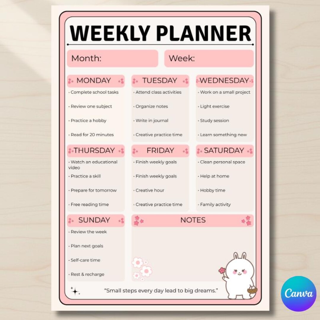 Editable Weekly Organizer Printable Planner, Week at a Glance Schedule ...
