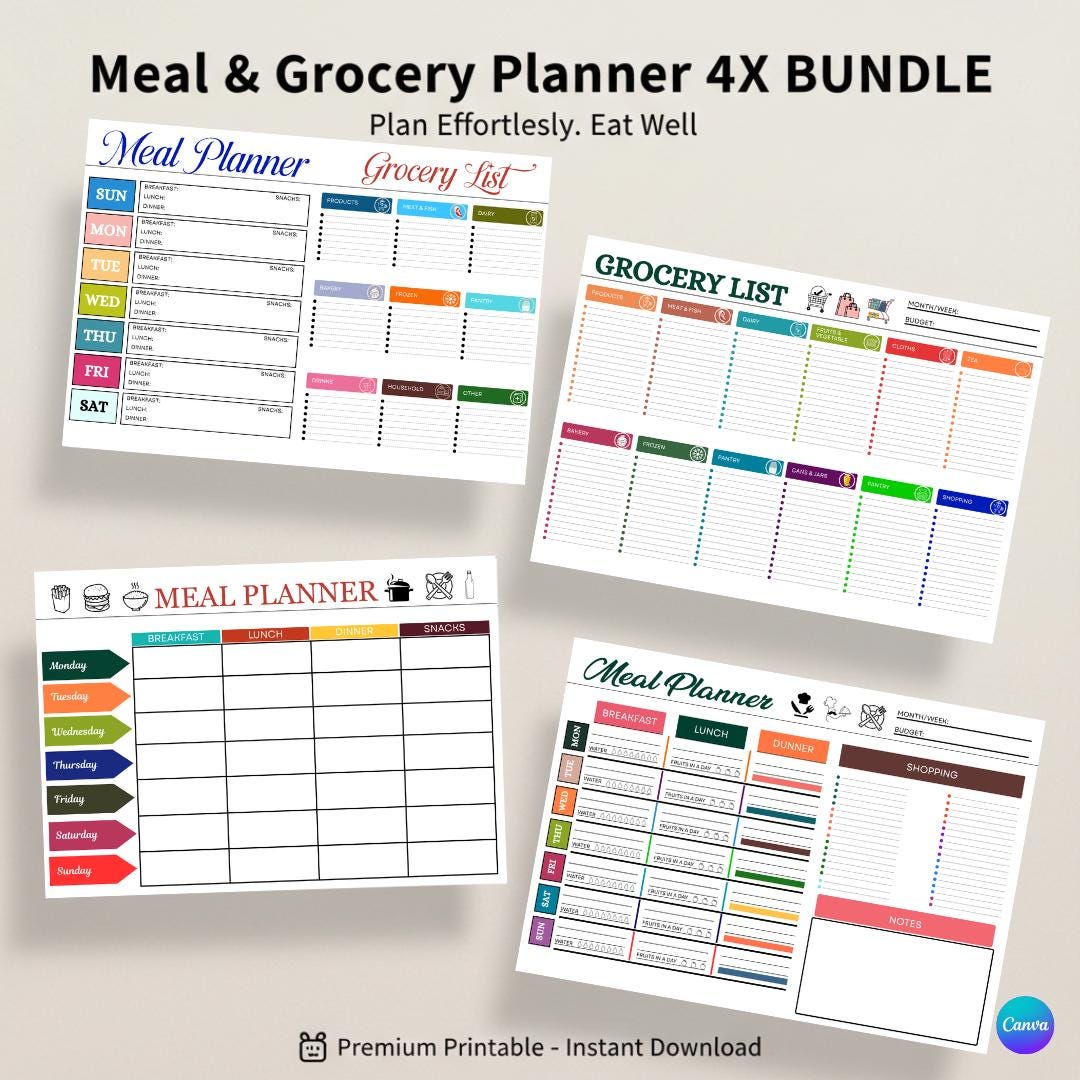 Editable Canva Meal & Grocery Planner Bundle, Weekly Meal Planner and ...