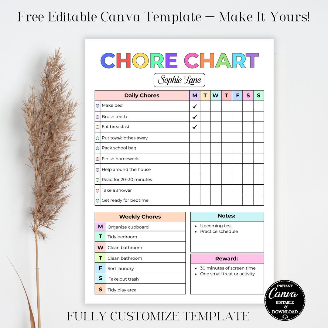 Editable Chore Chart Canva Template, Kids Daily & Weekly Chores Chart ...