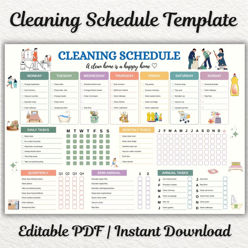 Editable Cleaning Schedule Checklist Canva Template, Daily Weekly ...