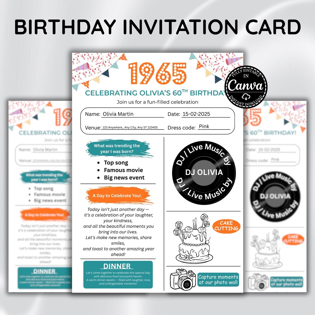 60th Birthday Invitation, Editable 1965 Retro Party Invite, Printable ...