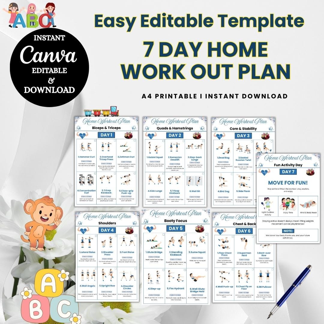 Editable 7 Day Home Workout Plan Canva, Printable Fitness Planner With ...