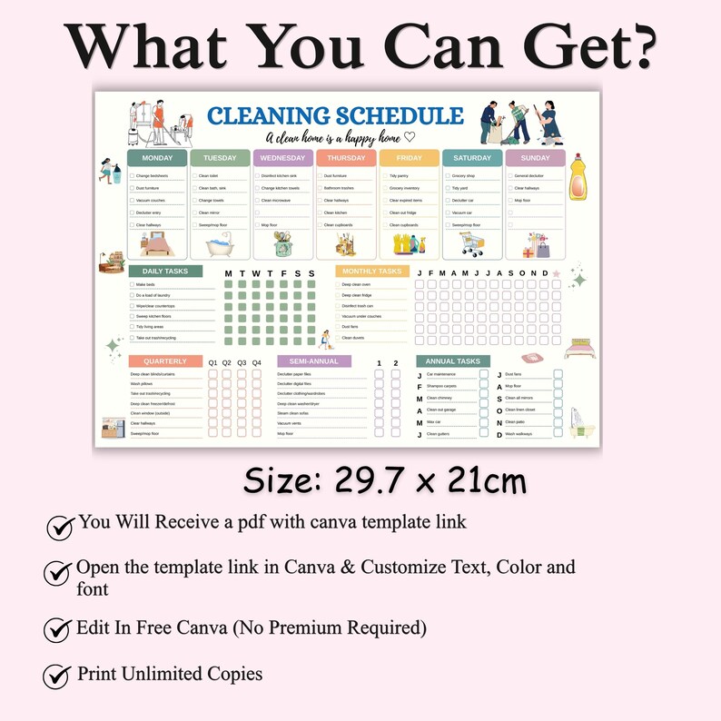 Editable Cleaning Schedule Checklist Canva Template, Daily Weekly ...