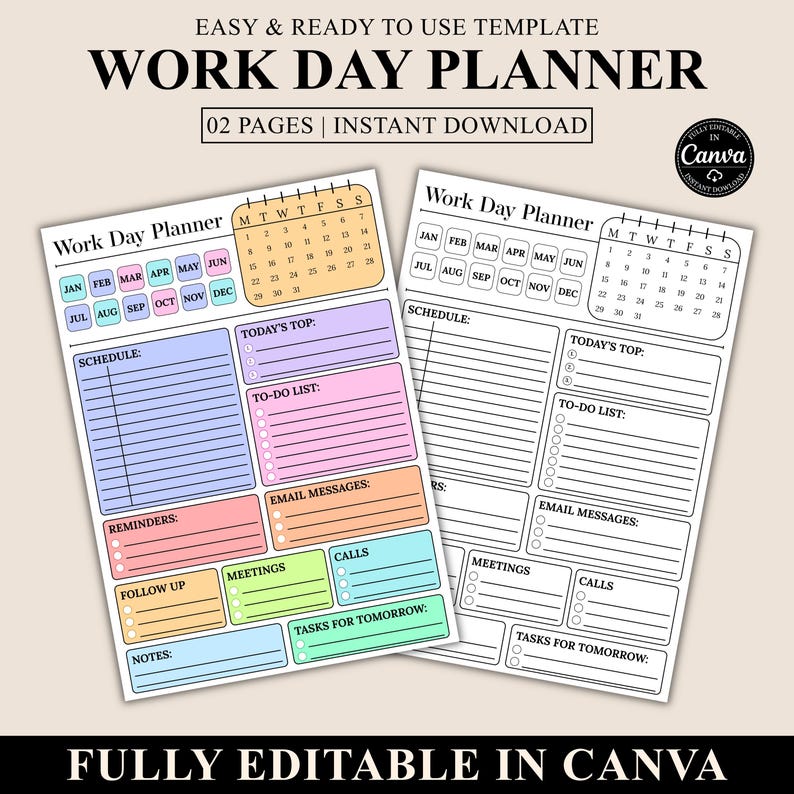 Editable Work Planner Printable, Daily Work Day Schedule Template ...