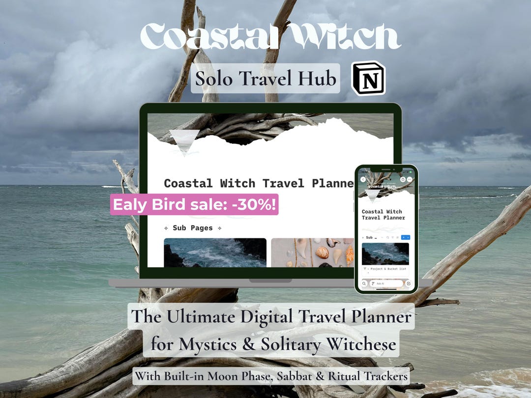 Coastal Witch Notion Travel Planner, Mystic Travel Diary, Moon Phase ...