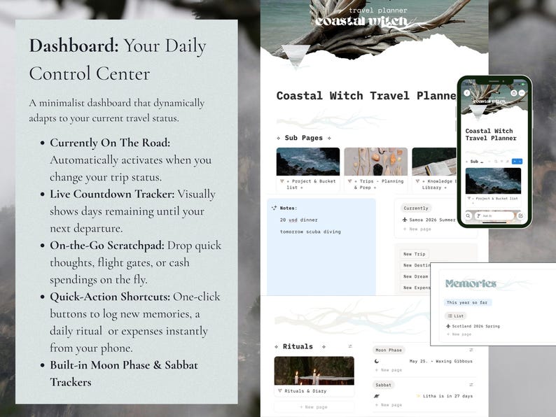 Coastal Witch Notion Travel Planner, Mystic Travel Diary, Moon Phase ...