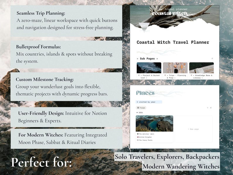 Coastal Witch Notion Travel Planner, Mystic Travel Diary, Moon Phase ...