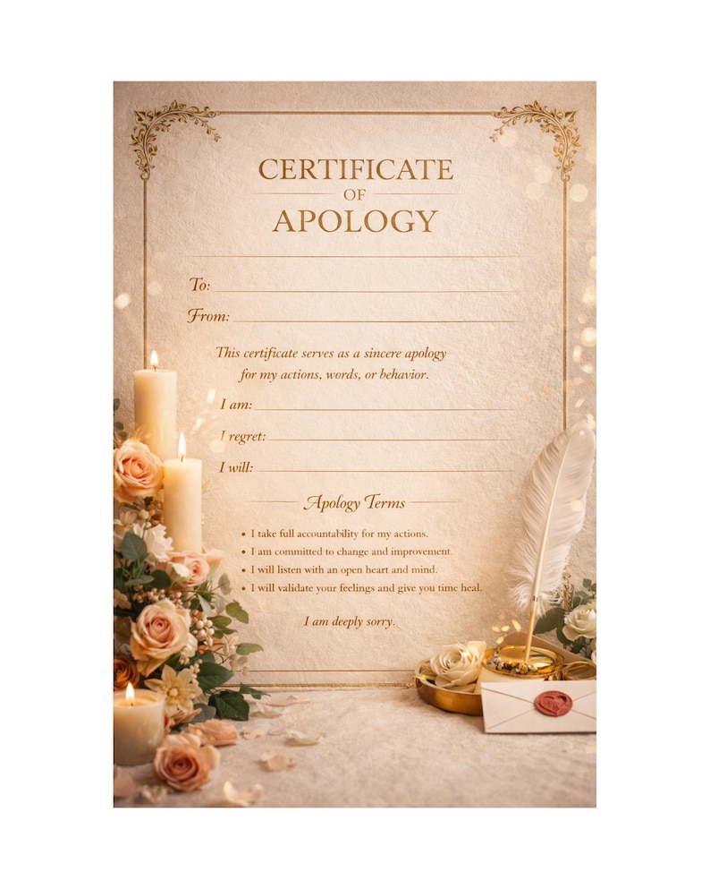 Printable Certificate of Apology, Romantic Apology Letter, Love ...