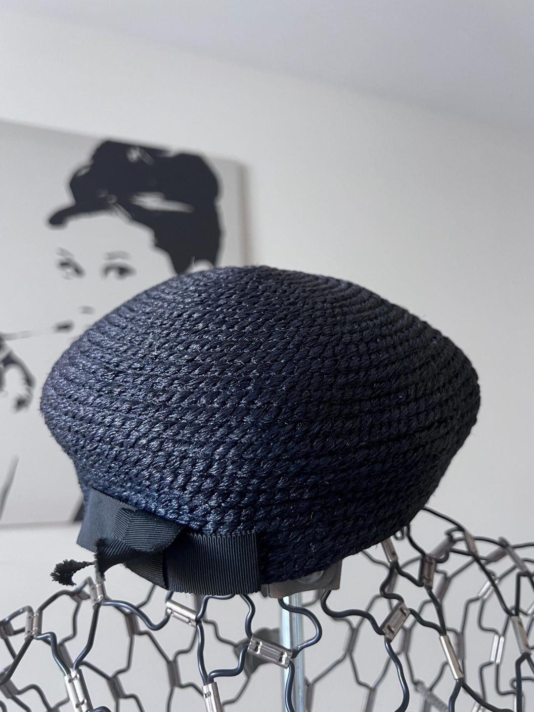 Vintage 50s Raffia Hat Navy Blue Round Swirl Straw Beret an Everitt ...